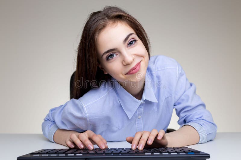 Smiling Girl Using Keyboard Stock Image - Image of electronic, beauty ...