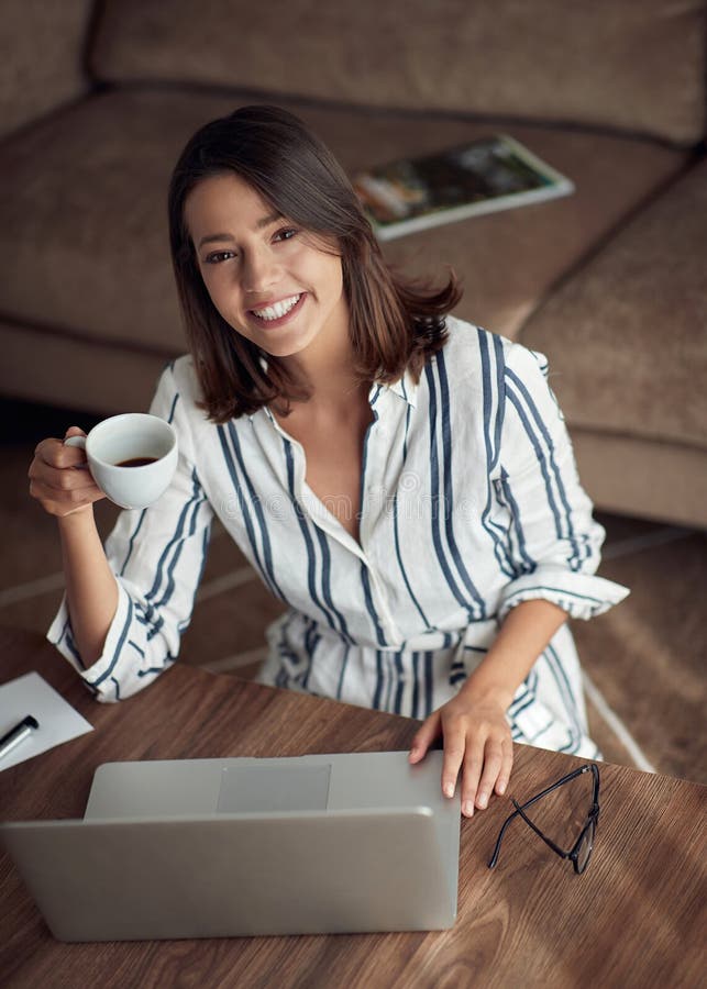 Smiling Girl Using Laptop Computer and Drinking Coffee Stock Image ...