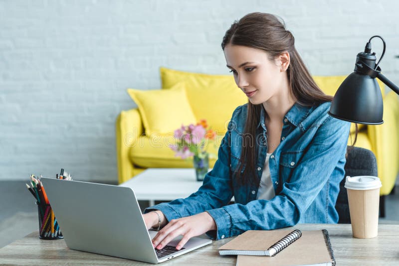 Smiling Girl Using Laptop while Studying Stock Image - Image of laptop ...