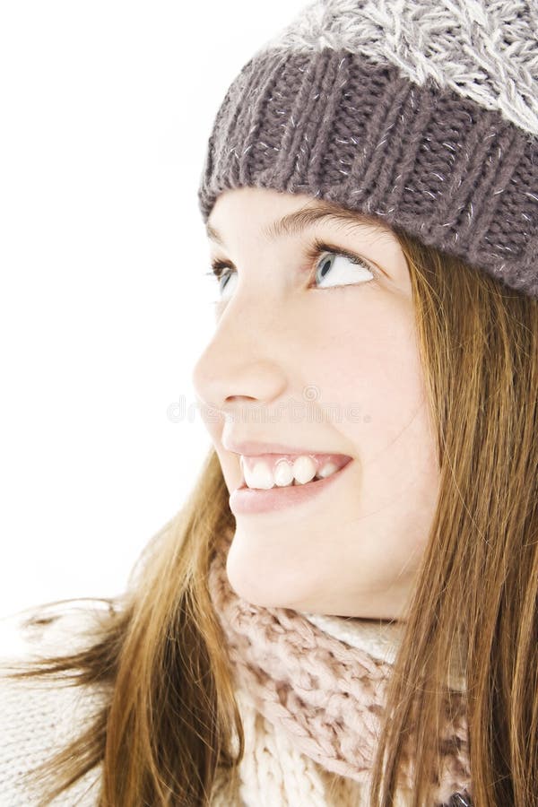 Smiling Girl in Winter Style, Looking Up. Stock Photo - Image of ...