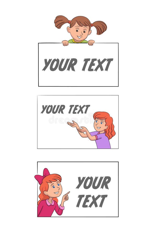 Smiling Girls Pointing on Banners, Place for Text Stock Vector ...