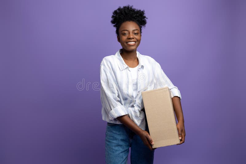Smiling Good-looking Dark-skinned Girl with Boxes in Studio Stock Image ...