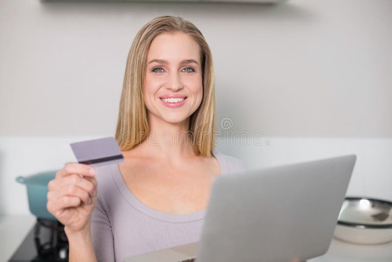 Smiling Gorgeous Model Holding Laptop and Credit Card Stock Image ...