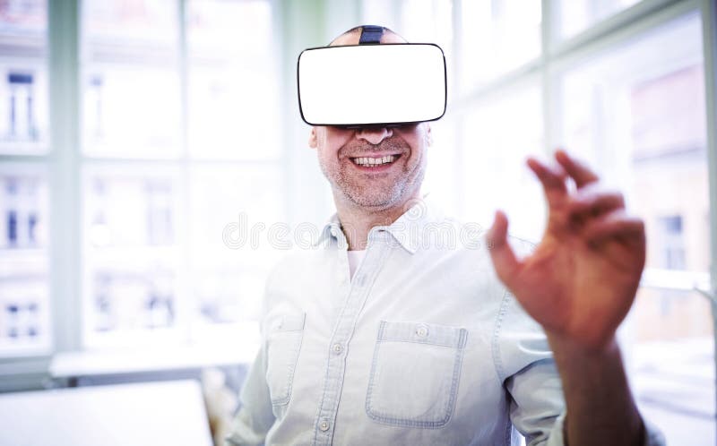 Man Using Virtual Reality Headset and Digital Tablet in Restaurant ...