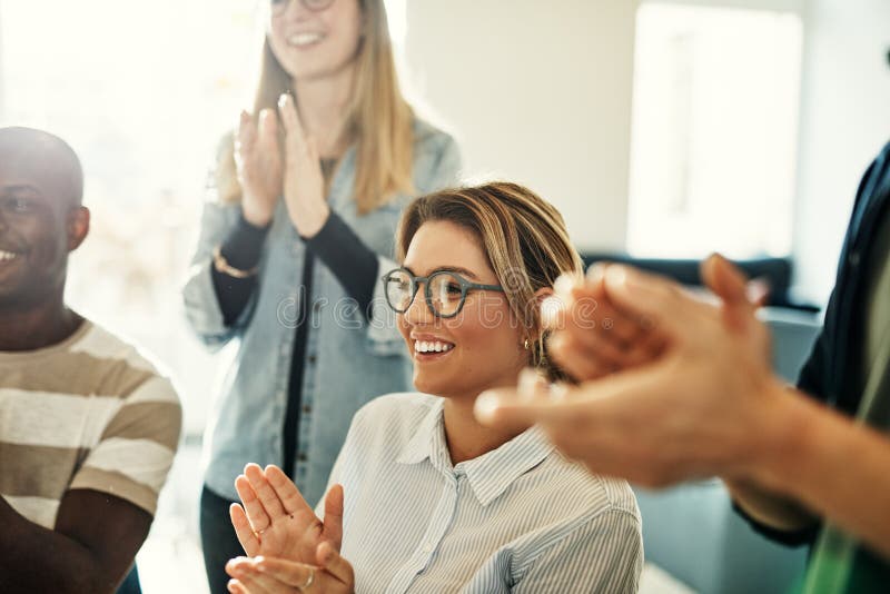 Smiling Group of Diverse Colleagues Clapping during an Office Me Stock ...