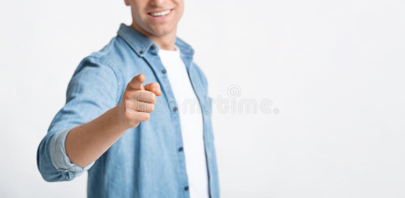 Smiling Guy Points Finger at the Camera, Panorama Stock Image - Image ...