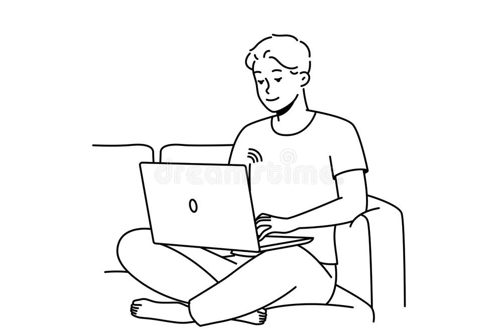 Smiling Man on Couch Using Laptop Stock Vector - Illustration of happy ...