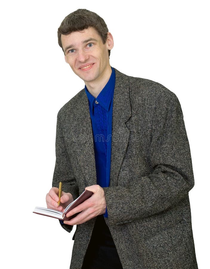 Smiling Guy in a Suit with a Notebook in Hands Stock Photo - Image of ...