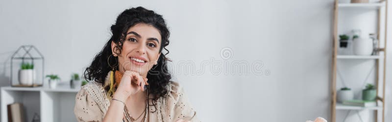 Smiling Gypsy Medium Looking at Camera Stock Photo - Image of curly ...