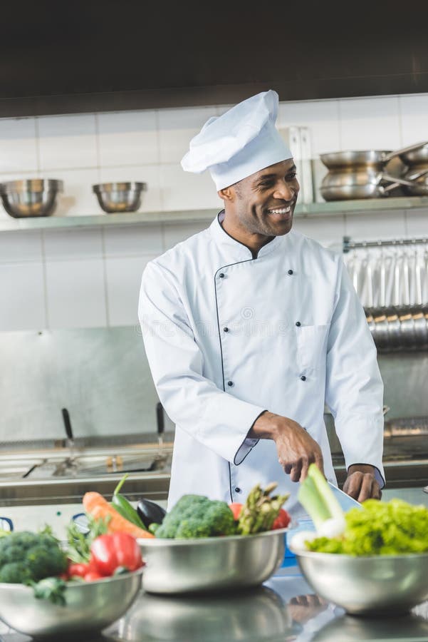 Smiling Handsome African American Chef Cutting Vegetables Stock Image ...
