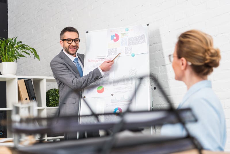 Smiling Handsome Businessman Making Presentation with Whiteboard for ...