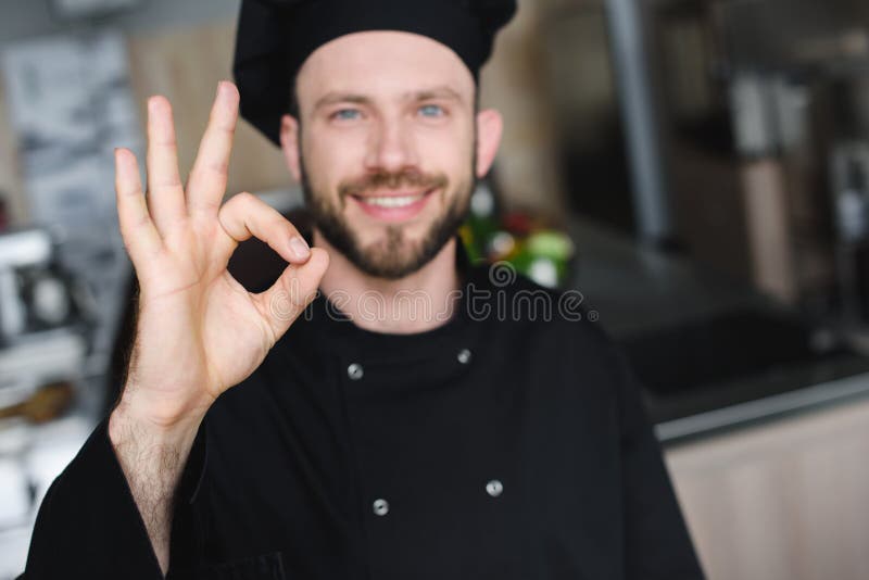 Smiling Handsome Chef Showing Okay Gesture Stock Photo - Image of ...