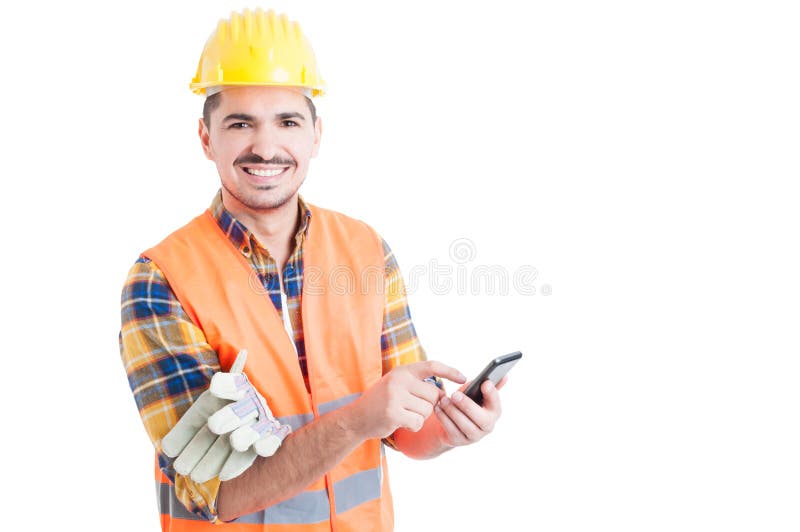Smiling Handsome Engineer Typing a Message on Modern Cellphone Stock ...