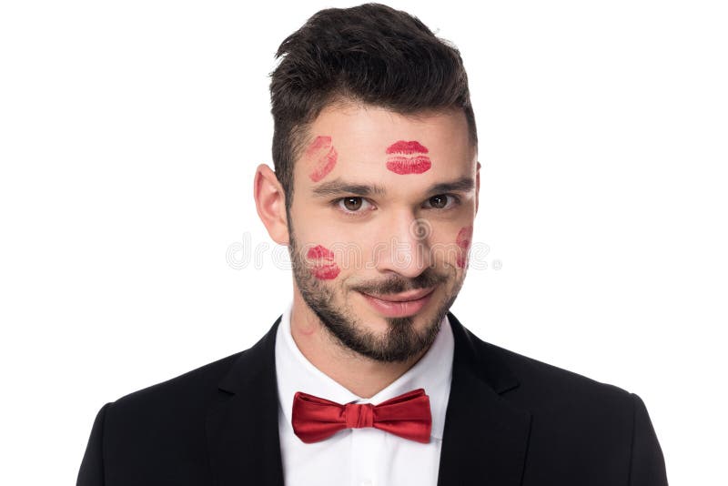 Smiling Handsome Man with Lips Traces on Face Stock Image - Image of ...
