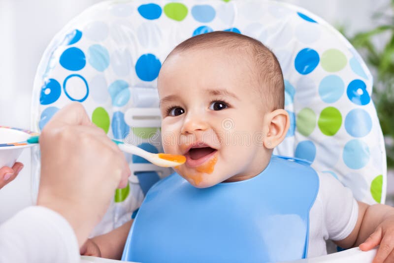 Smiling Happy Baby Eating with Spoon Stock Image - Image of beautiful ...