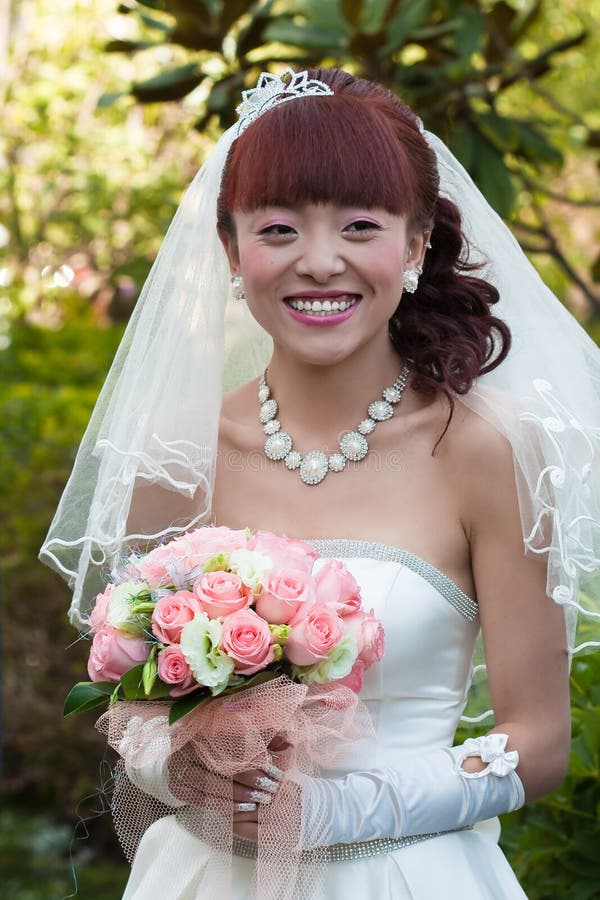 Smiling Happy Bride with Bouquet Stock Image - Image of beautiful ...