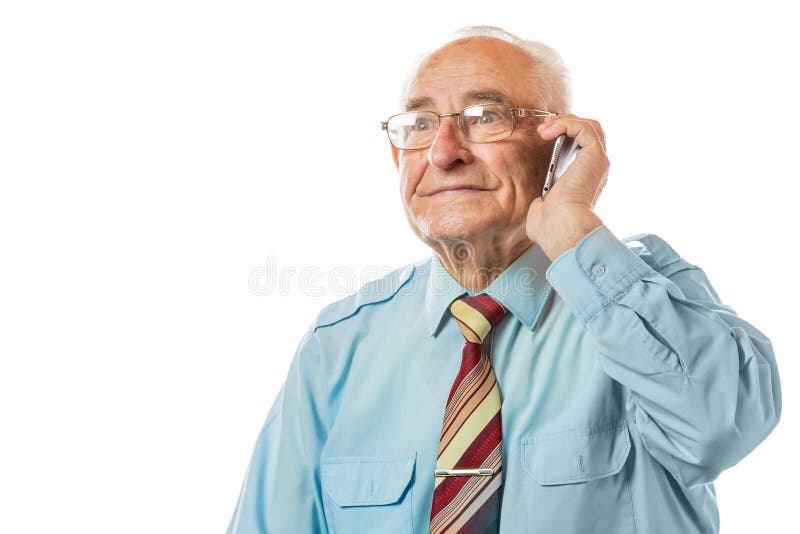 Elderly Senior Man Talking on Mobile Phone Isolated on White Background ...