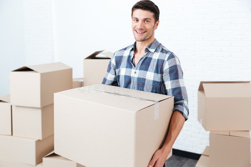 Smiling Happy Man Carrying Carton Boxes at New Flat Stock Image - Image ...