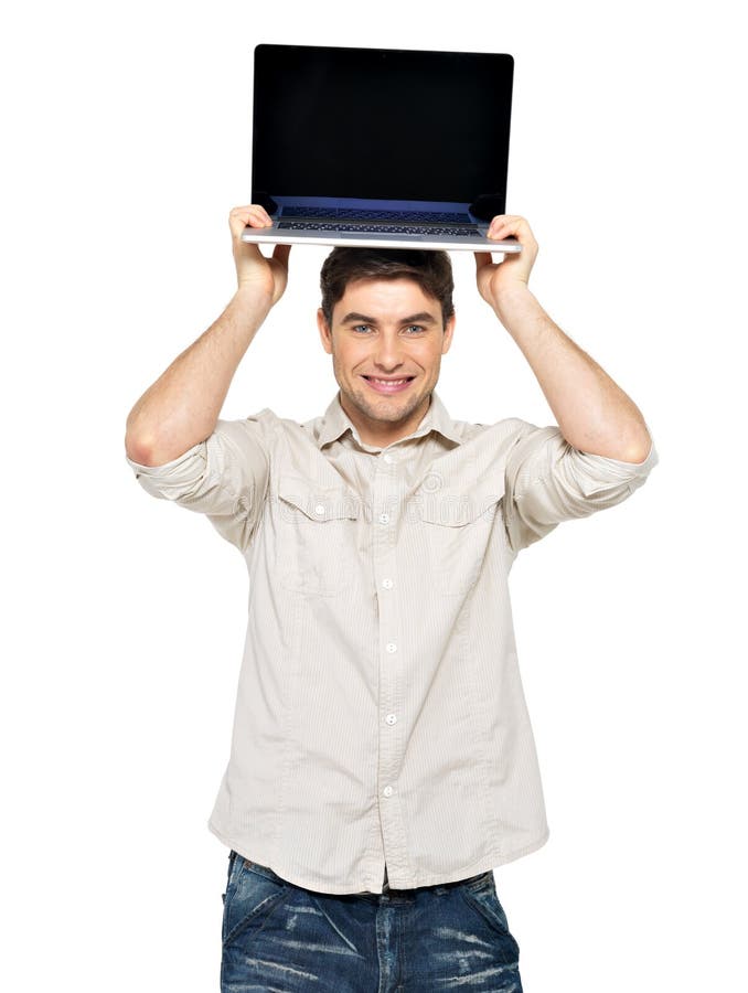 Smiling Happy Man with Laptop on Head Stock Photo - Image of male ...