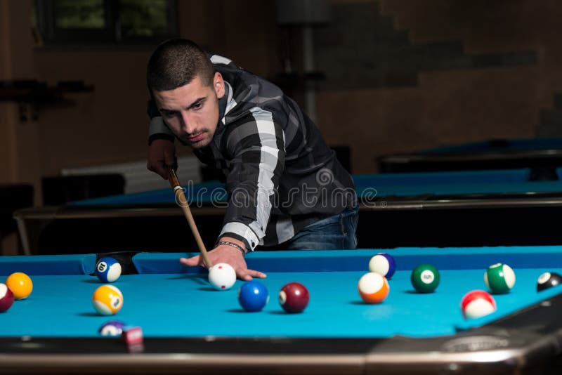 Smiling Happy Man Playing Billiard Stock Image - Image of indoors ...