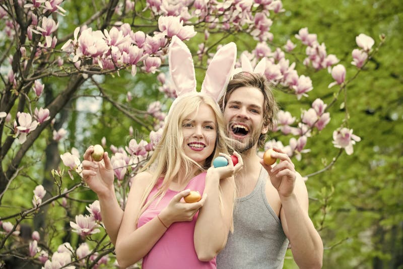 Smiling Happy Spring Couple with Easter Eggs Stock Image - Image of ...
