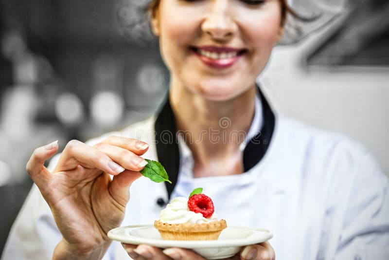 Happy Head Chef Putting Mint Leaf Little Cake Plate Stock Photos - Free ...