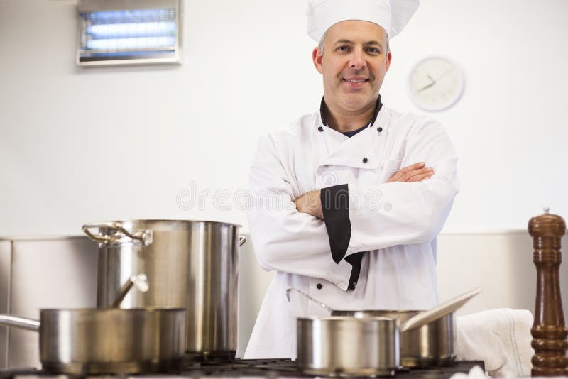 Smiling Head Chef Standing Arms Crossed Behind Pot Stock Image - Image ...