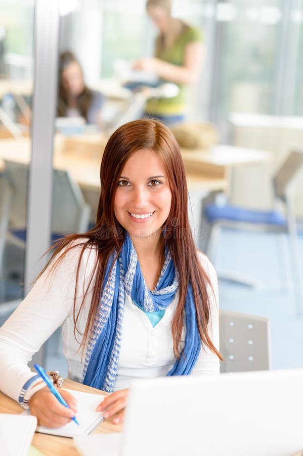 Smiling High School Student Girl Take Notes Stock Photo - Image of ...