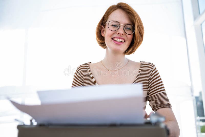 Smiling Hipster Woman Typing on Her Typewriter Stock Image - Image of ...