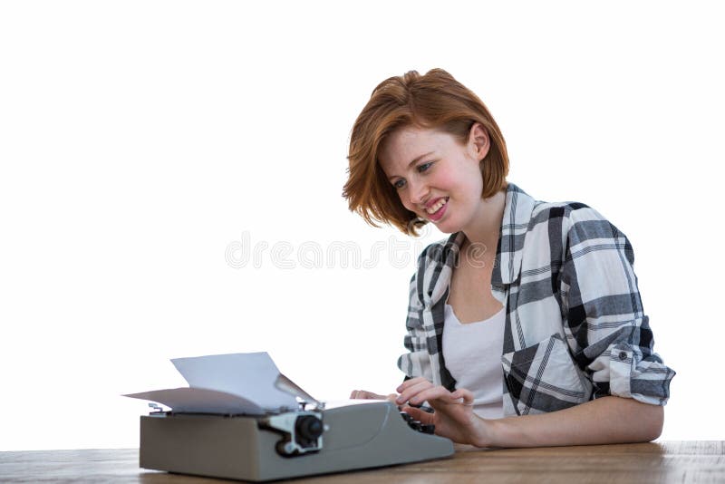Smiling Hipster Woman Typing on Her Typewriter Stock Image - Image of ...