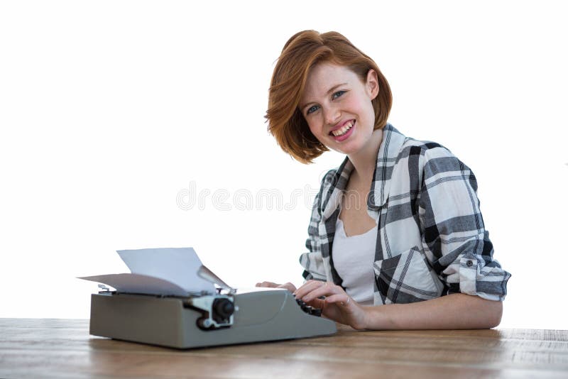 Smiling Hipster Woman Typing on Her Typewriter Stock Image - Image of ...