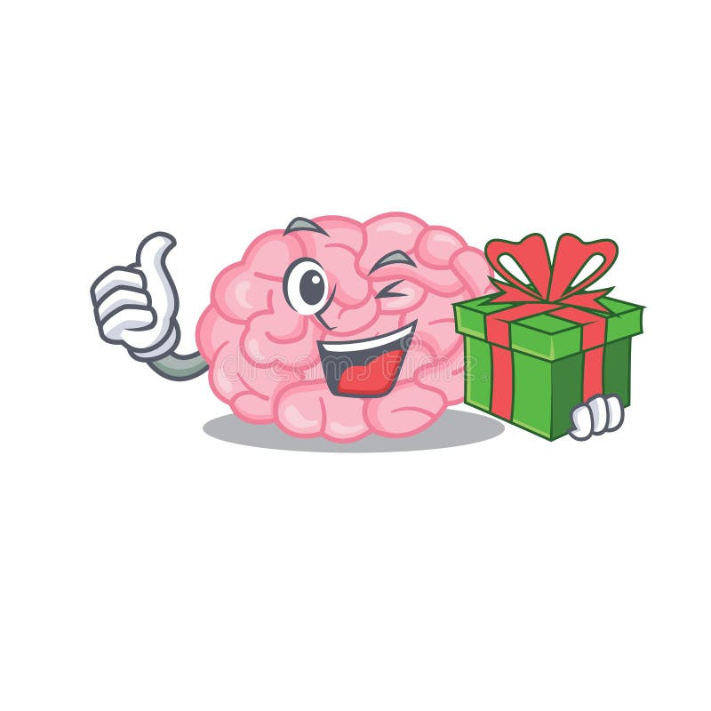 Smiling Human Brain Cartoon Character Having a Green Gift Box Stock ...