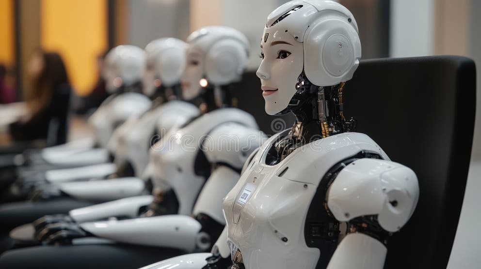 Smiling, Humanoid AI Robots Ready for Customer Service in a Modern ...