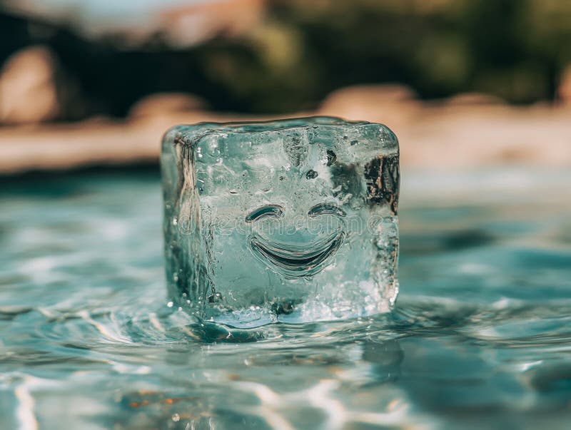 Smiling Ice Cube Floating in Clear Pool Water on a Sunny Day Stock ...
