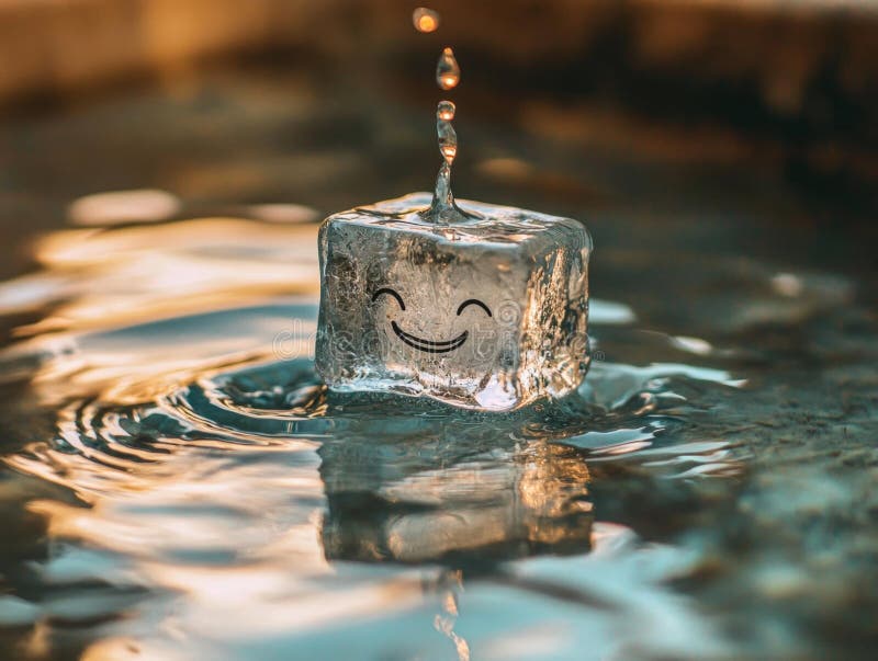 Smiling Ice Cube Splashes into Water Surface Creating Ripples Stock ...