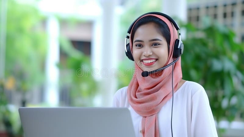 Smiling Indian Call Center Agent with Headset and Laptop Providing Exceptional Customer Support ...