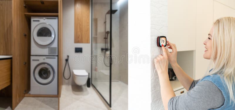 Smiling Indian Woman Using Modern Smart Home System, Controller on Wall ... Smiling Indian Woman Using Modern Smart Home System, Controller on Wall ...