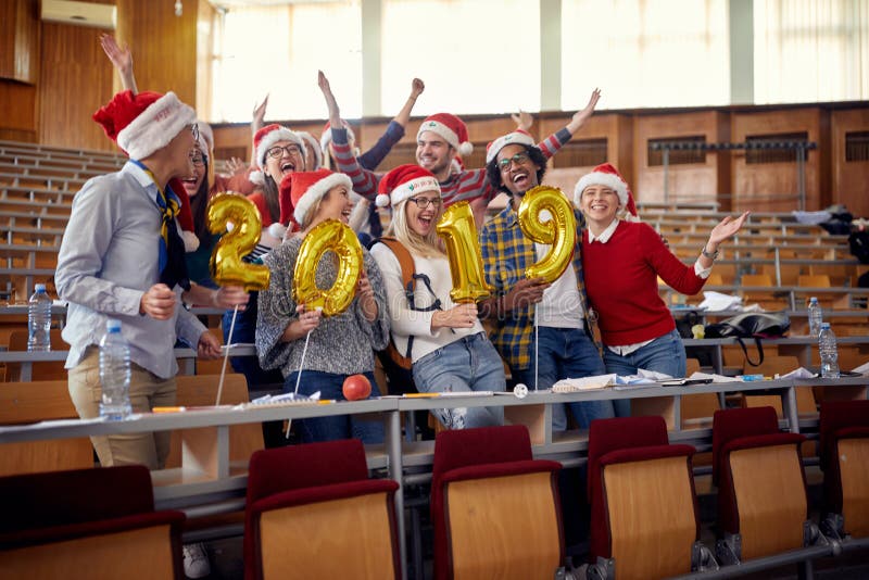 Smiling International Students in Santa Hat Celebrating Holiday Stock ...