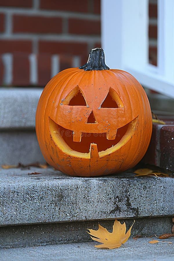 Smiling Jack O Lantern on Porch Steps with Autumn Leaf in Motion ...