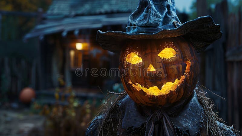Smiling Jack-O -Lantern Scarecrow with Glowing Face Stock Illustration ...