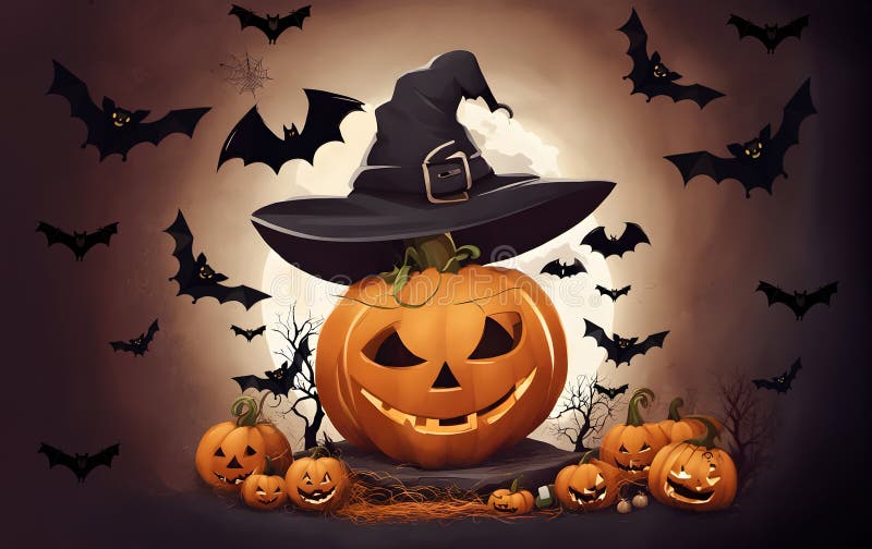 Smiling Jack O Lantern with Witch S Hat and Flying Bats, AI Generated ...
