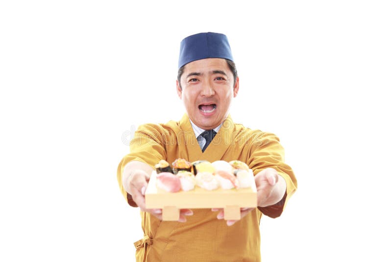 Japanese Chef with a Plate of Sushi Stock Image - Image of good ...