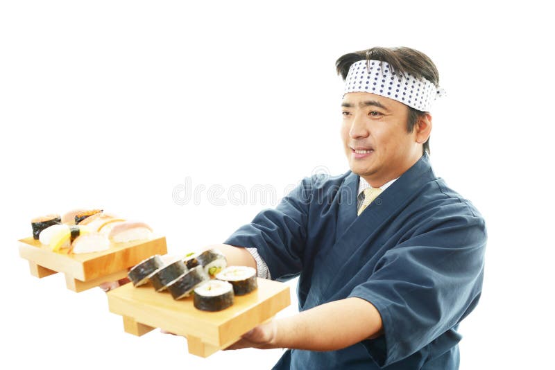 Smiling Japanese Chef with Sushi Stock Photo - Image of fish, dish ...