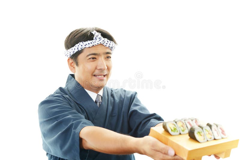 Smiling Japanese Chef with Sushi Stock Photo - Image of cook, healthy ...