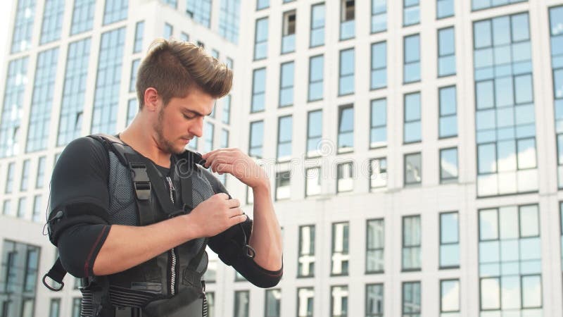 Smiling Joyful Guy is Going To Work Out with Ems Costume Stock Video ...
