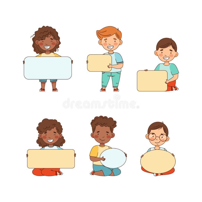 Smiling Kids Holding Empty Oval and Rectangular Plaque Vector Set Stock ...