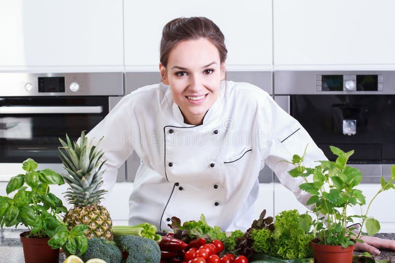 Smiling Lady Chef Preparing a Dish Stock Image - Image of cheerful ...