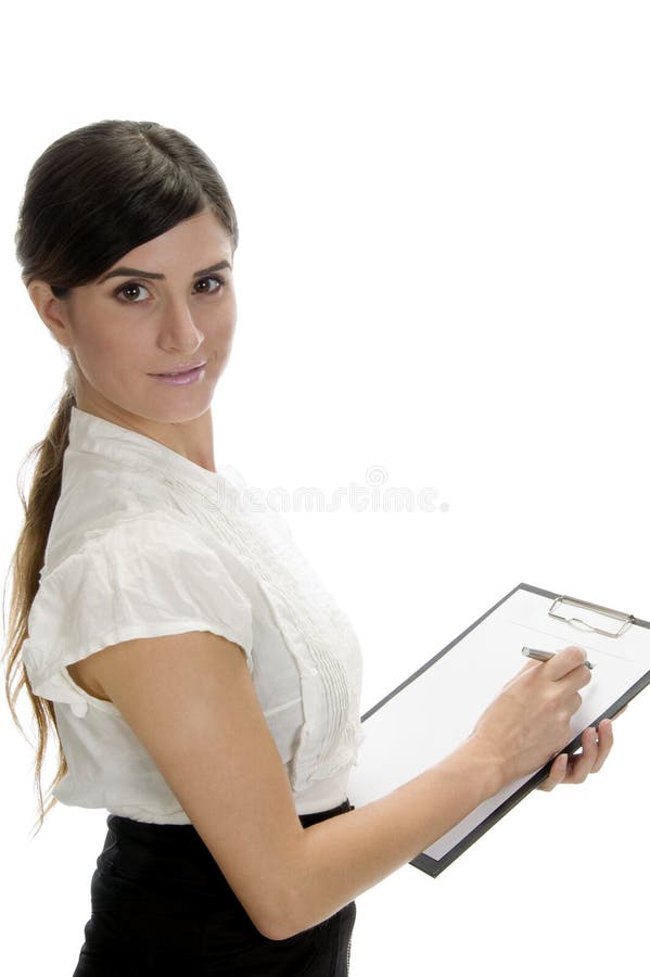 Smiling Lady Writing on Paper Stock Image - Image of looking, glamor ...