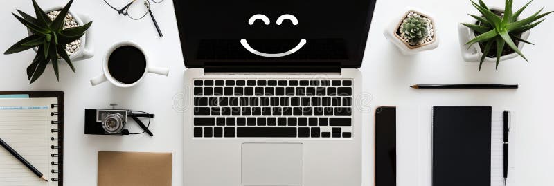 A Smiling Laptop is Placed on a Modern Office Desk Surrounded by Plants ...