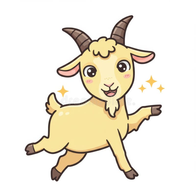 Smiling Light Yellow Goat Cartoon with Shiny Starry Elements in White ...